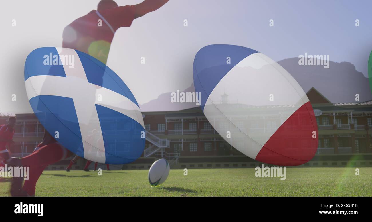 Image of diverse male rugby players with rugby balls with national ...