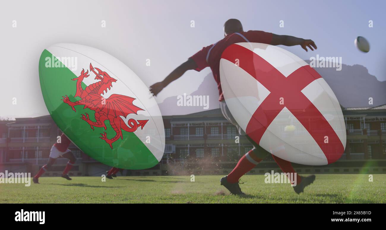 Image of diverse male rugby players with rugby balls with national ...
