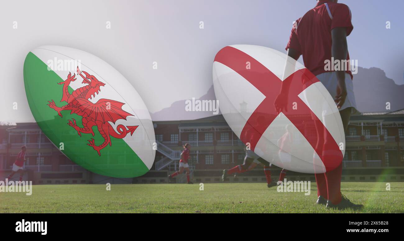 Image of diverse male rugby players with rugby balls with national ...