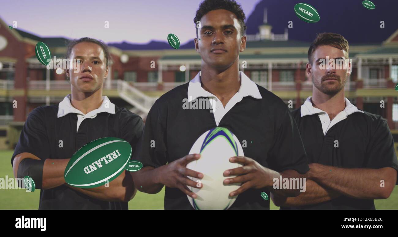 Image of diverse male rugby players with rugby balls with ireland texts ...