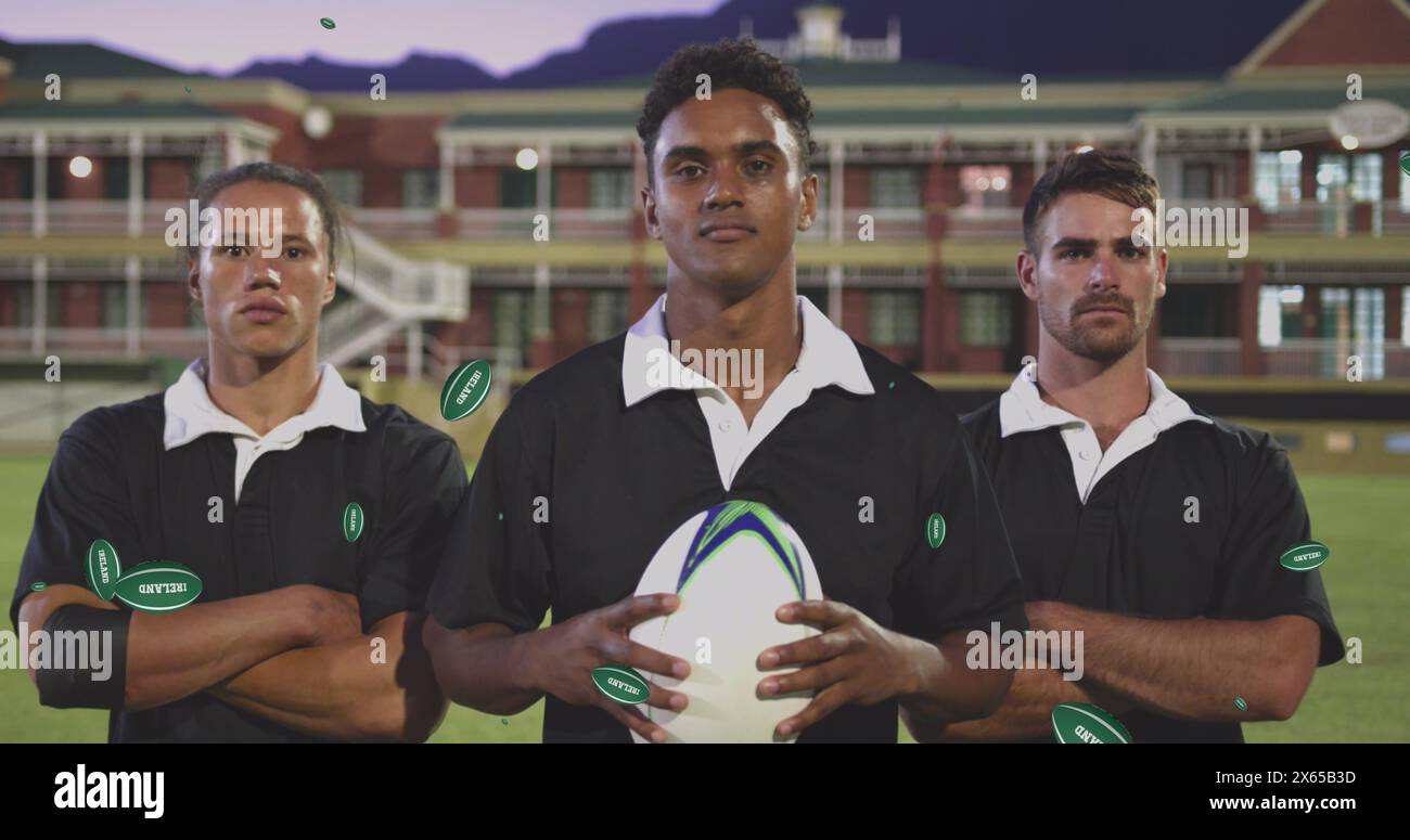 Image of diverse male rugby players with rugby balls with ireland texts ...
