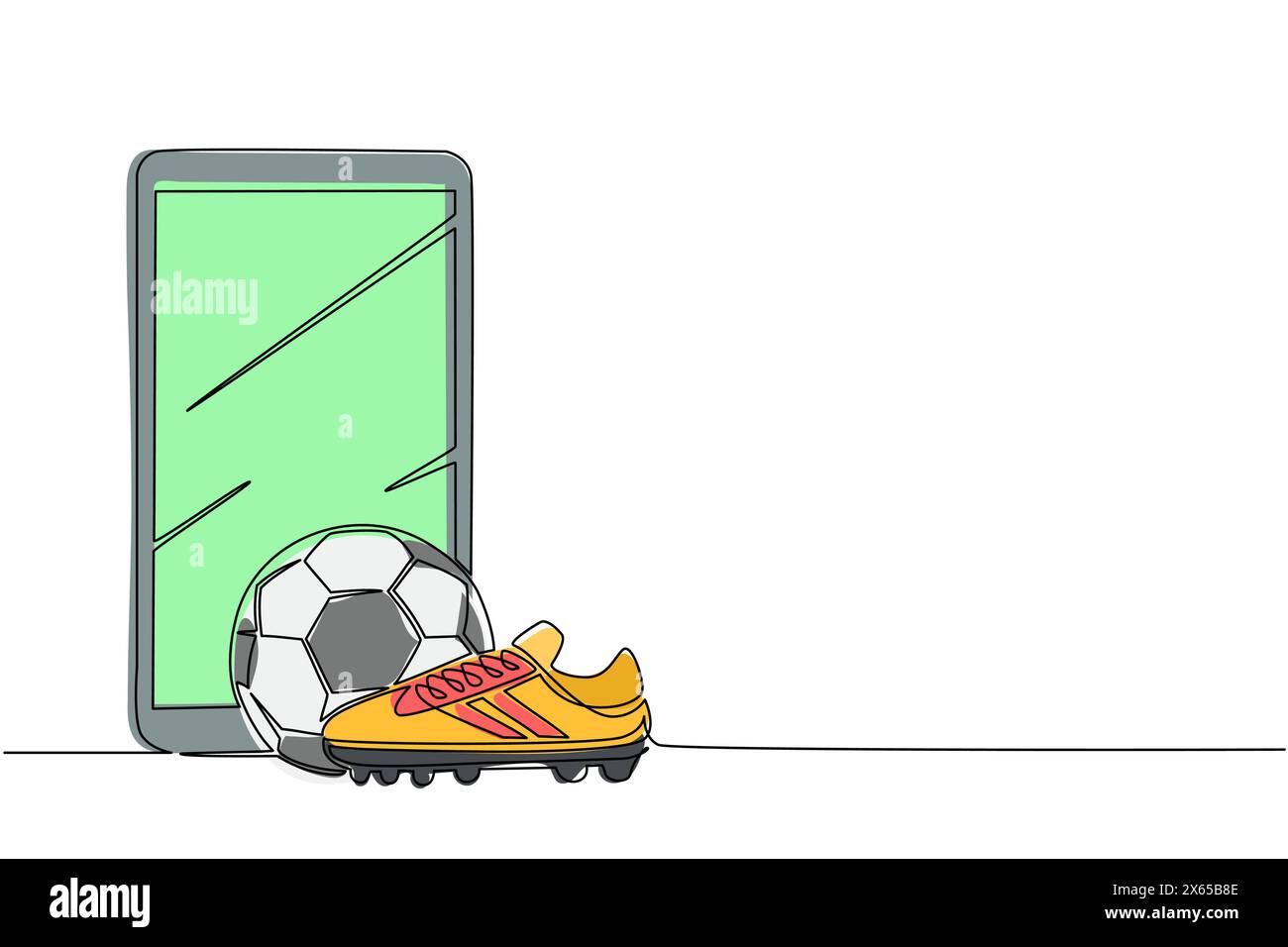 Single continuous line drawing smartphone and football shoes and soccer ... Single continuous line drawing smartphone and football shoes and soccer ...