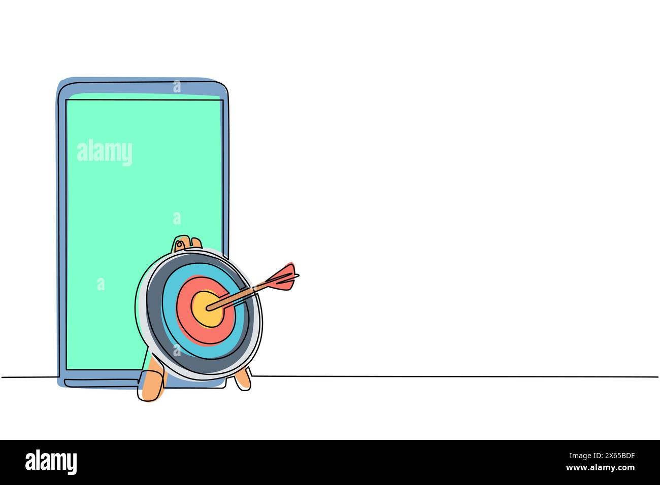 Single continuous line drawing smartphone and arrow hitting target mark ...