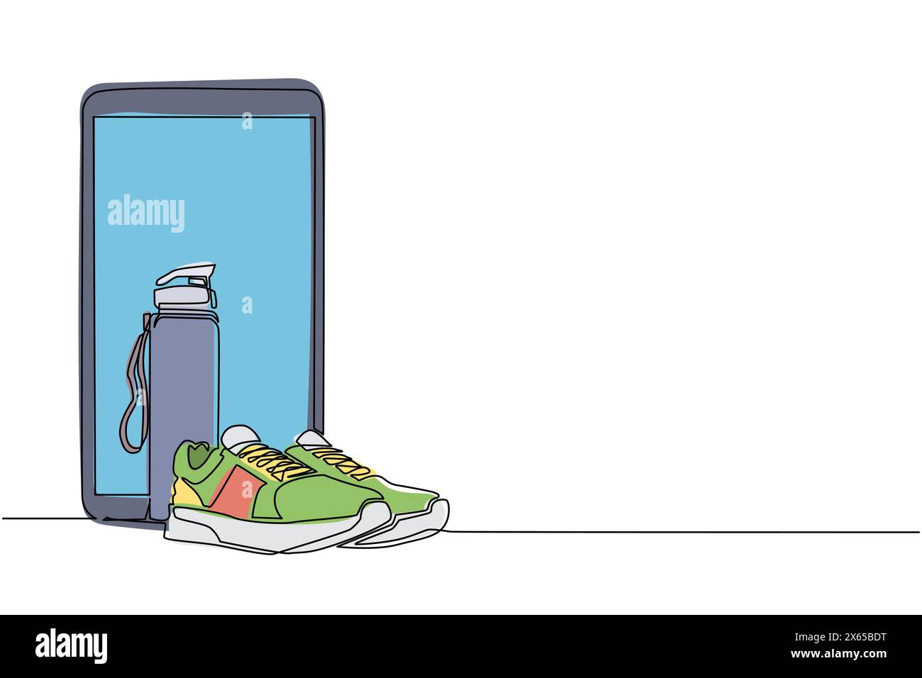 Single continuous line drawing running sneaker and mineral bottled ...