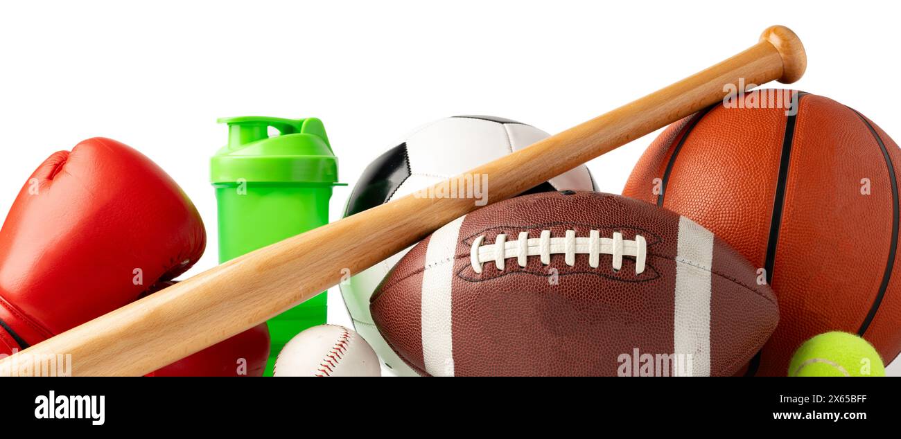 Assorted sports equipment isolated on white background Stock Photo - Alamy