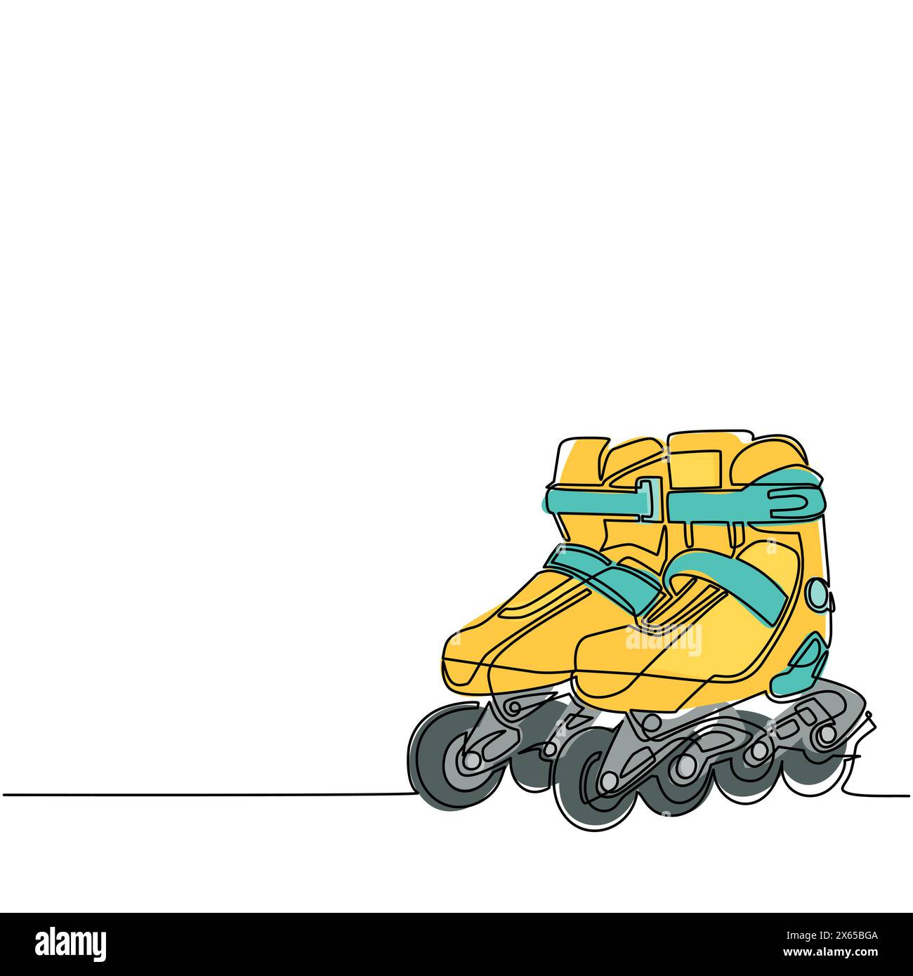 Single one line drawing pair of old retro plastic quad roller skate ...