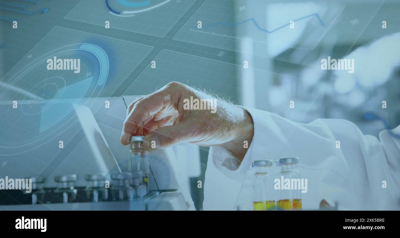 A scientist wearing lab coat holding a vial near test tubes in a ...
