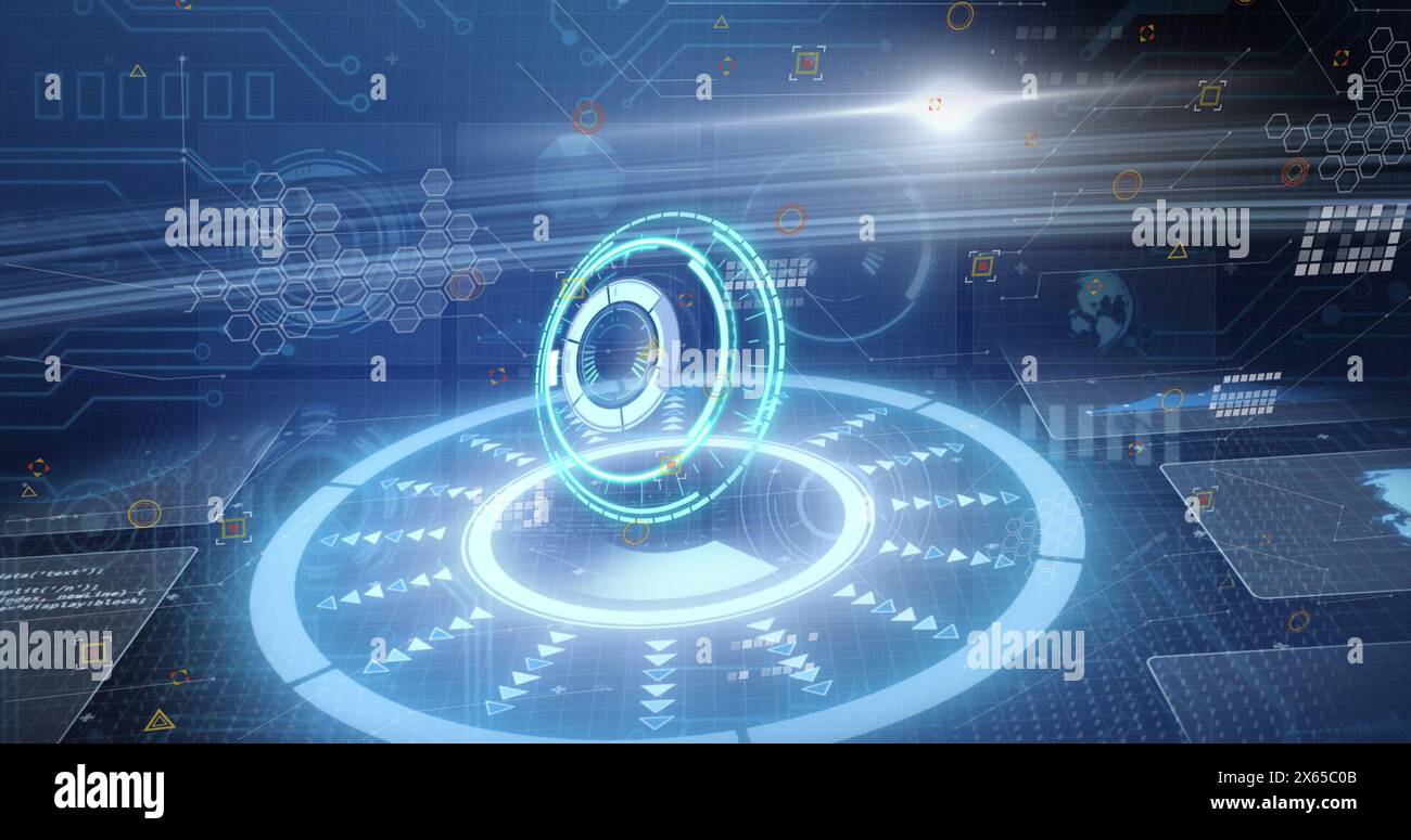 Image of processing circles and data on digital screens on navy ...