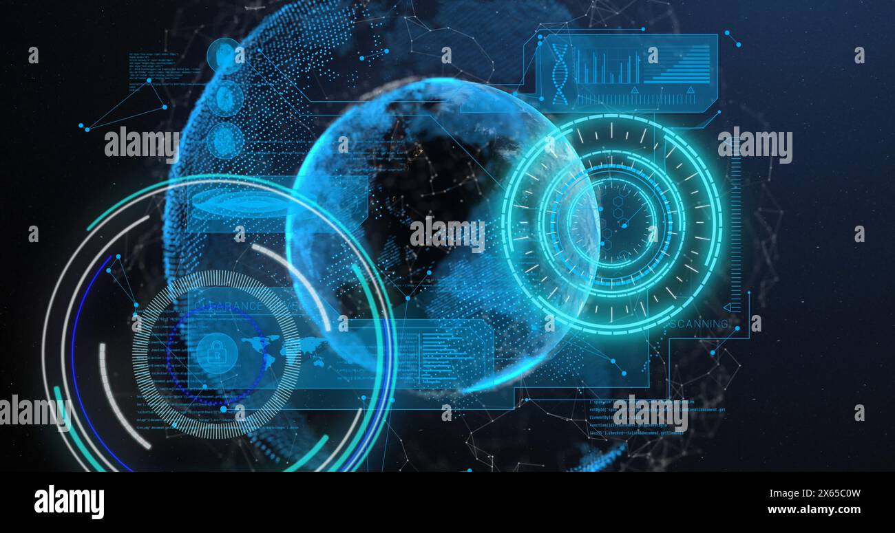 Image of globe, processing circles and graphs on navy background Stock ...