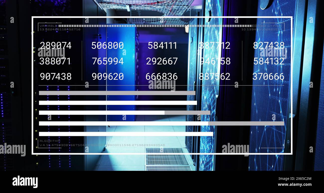 Image of data processing and network of connections over server room ...