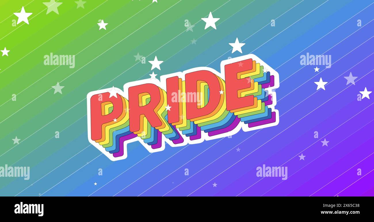 Image of pride text in rainbow colours with white stars falling on ...