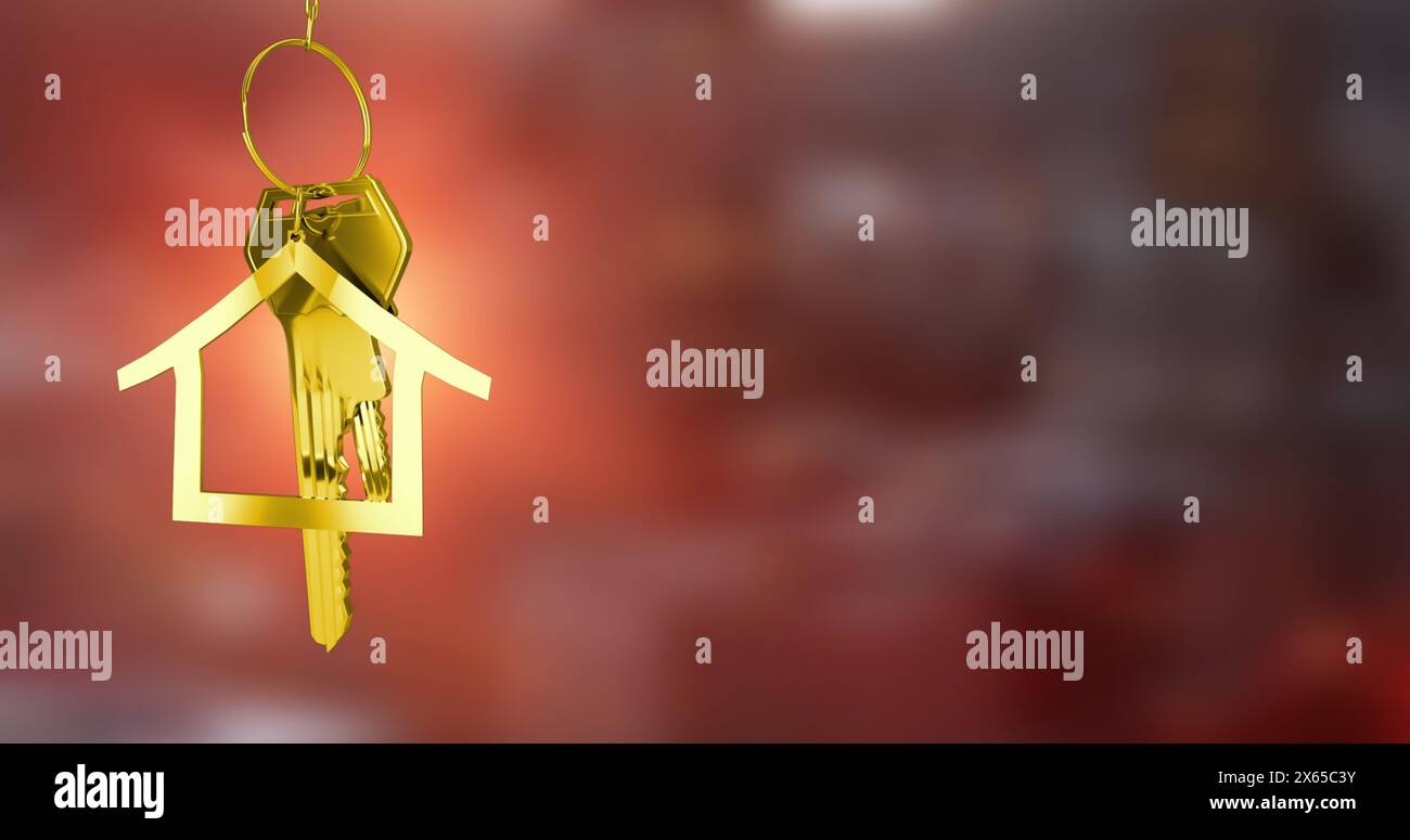 Image of golden house keys hanging against blurred background with copy ...