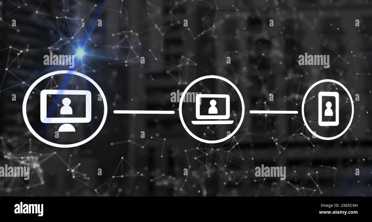 Image of networks of connections with icons over blue hexagons Stock ...