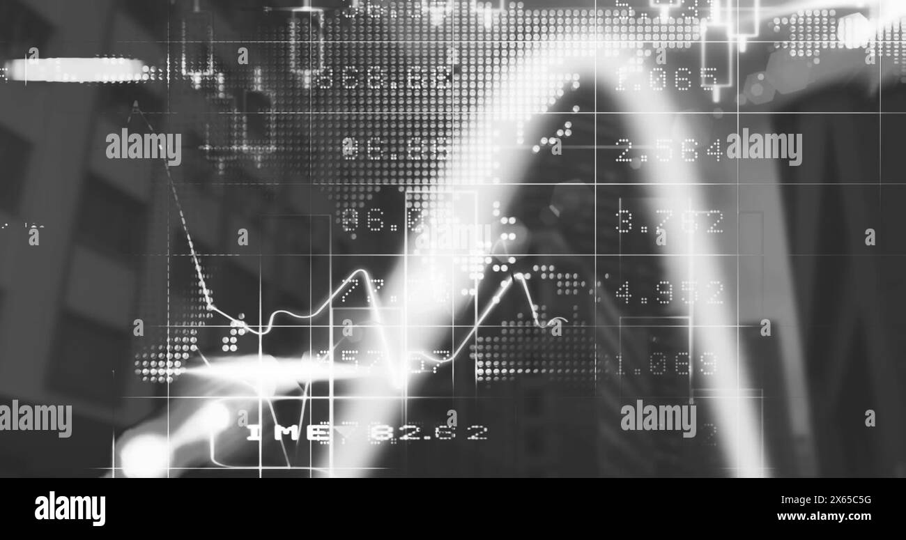 Image of graphs, dots forming maps and trading board over low angle ...