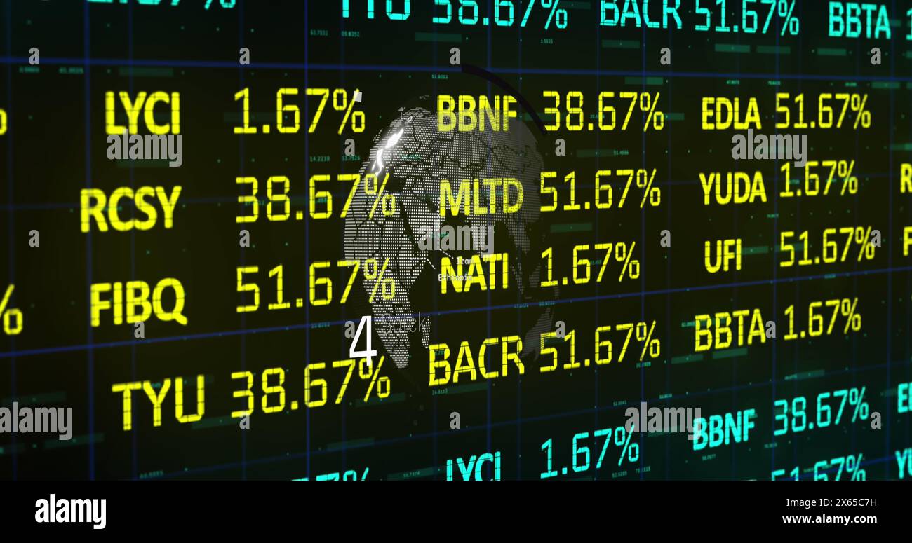 Image of stock market and data processing with globe on black ...