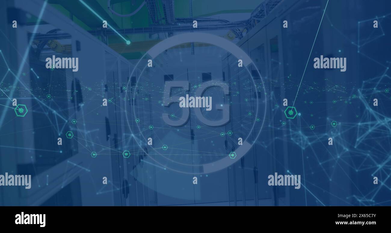 Image of network of connections and scope scanning over server room ...
