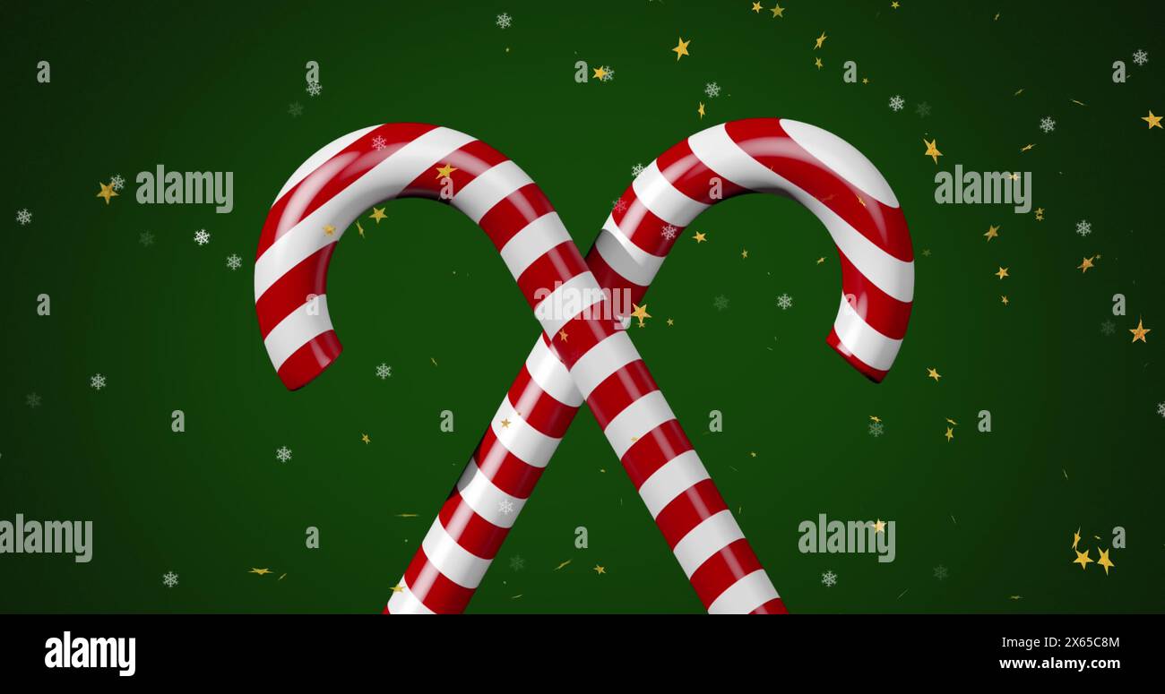 Image of stars over candy canes on green backrgound Stock Photo - Alamy