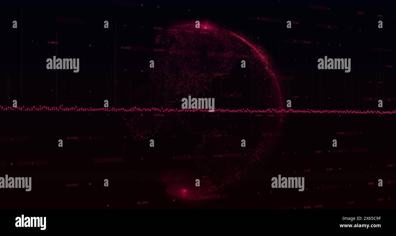 Image of pink soundwave, numbers and globe against black background ...