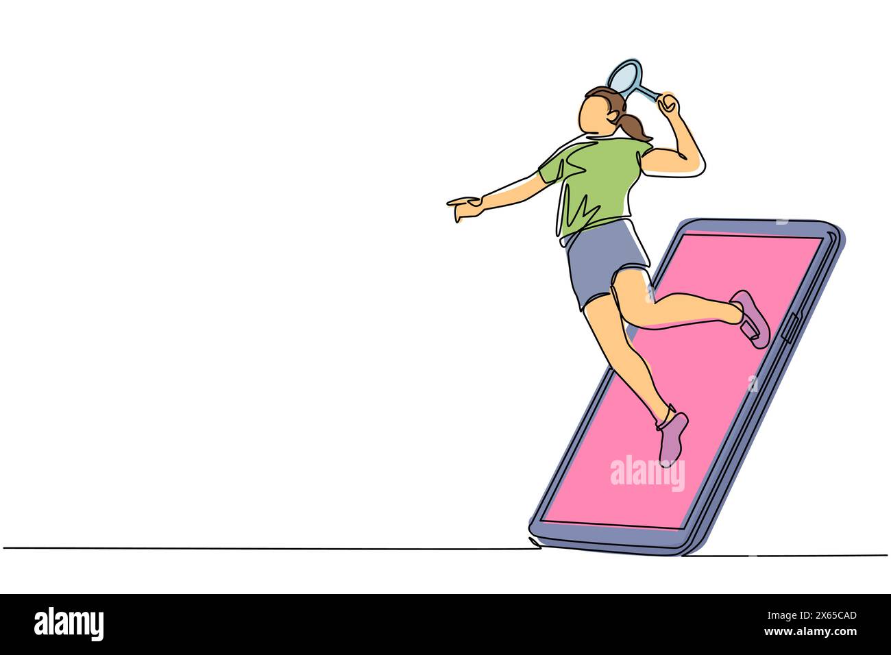 Single continuous line drawing young woman badminton player jump hit ...