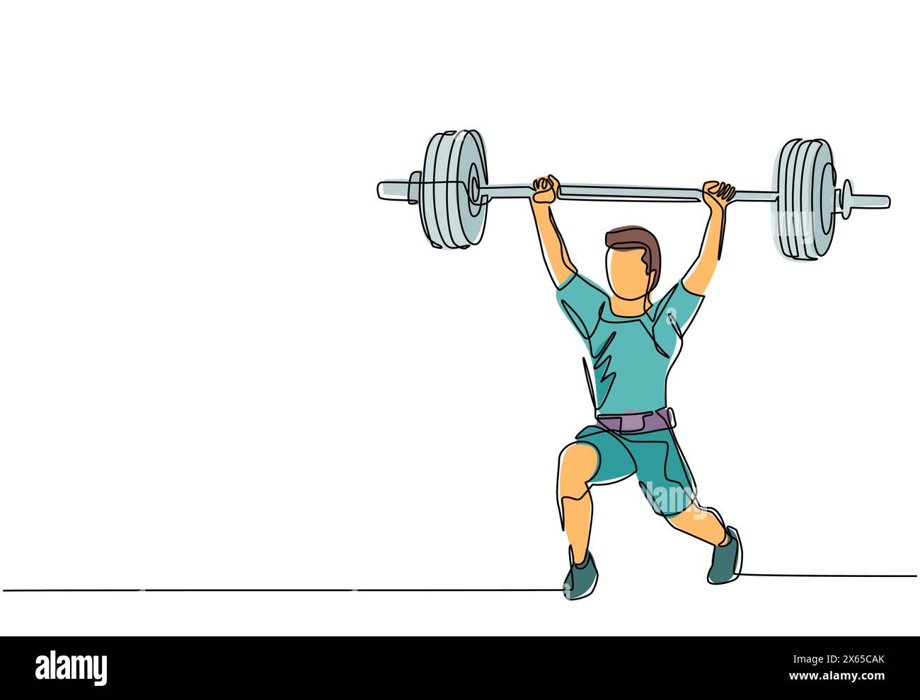 Continuous one line drawing young bodybuilder man doing exercise with a heavy weight bar in gym ...