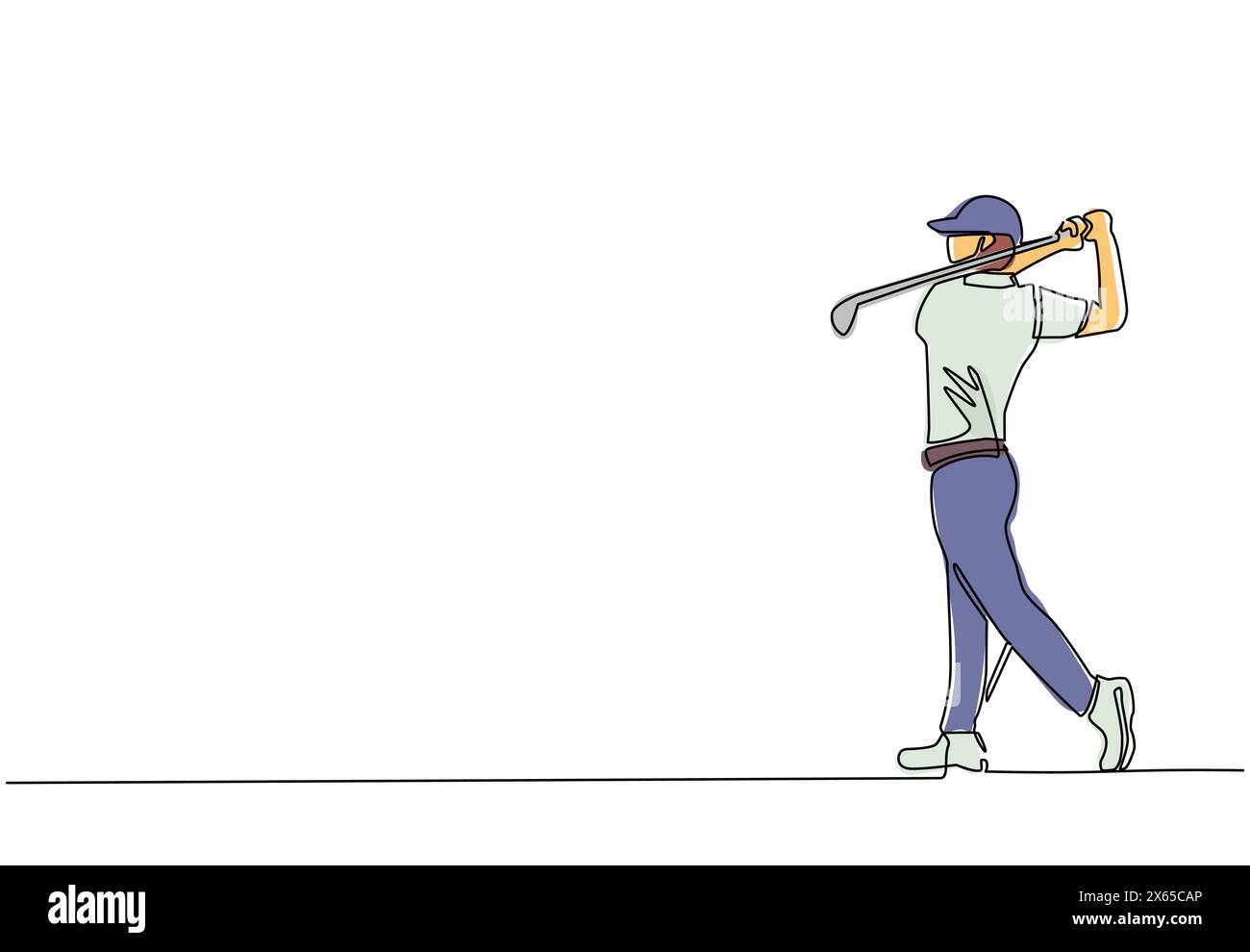 Single one line drawing active young man golf player swing golf club ...