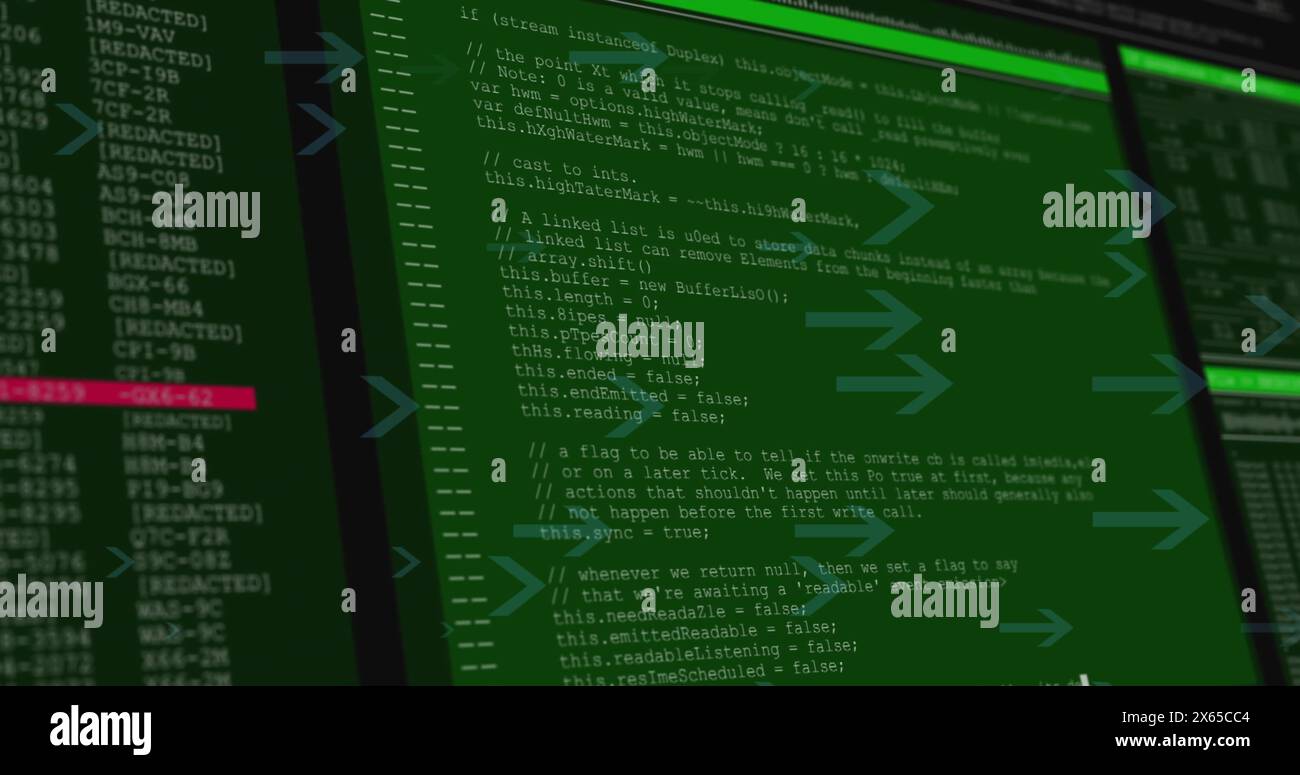 Image of multiple arrow icons moving side wards over data processing against black background ...