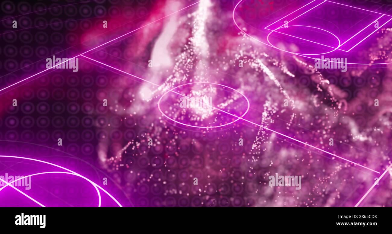 Image of red digital wave over neon purple football pitch layout ...