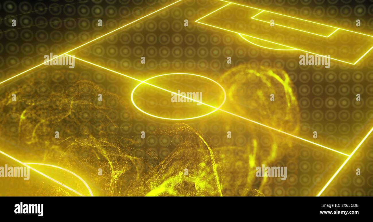 Image of yellow glowing digital wave over neon football pitch layout ...