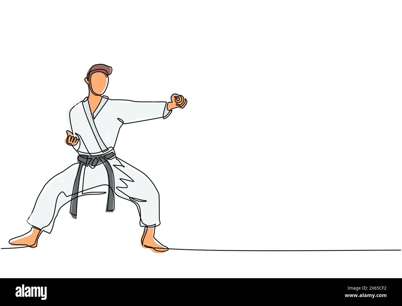 Single one line drawing young talented karateka man train with punch ...