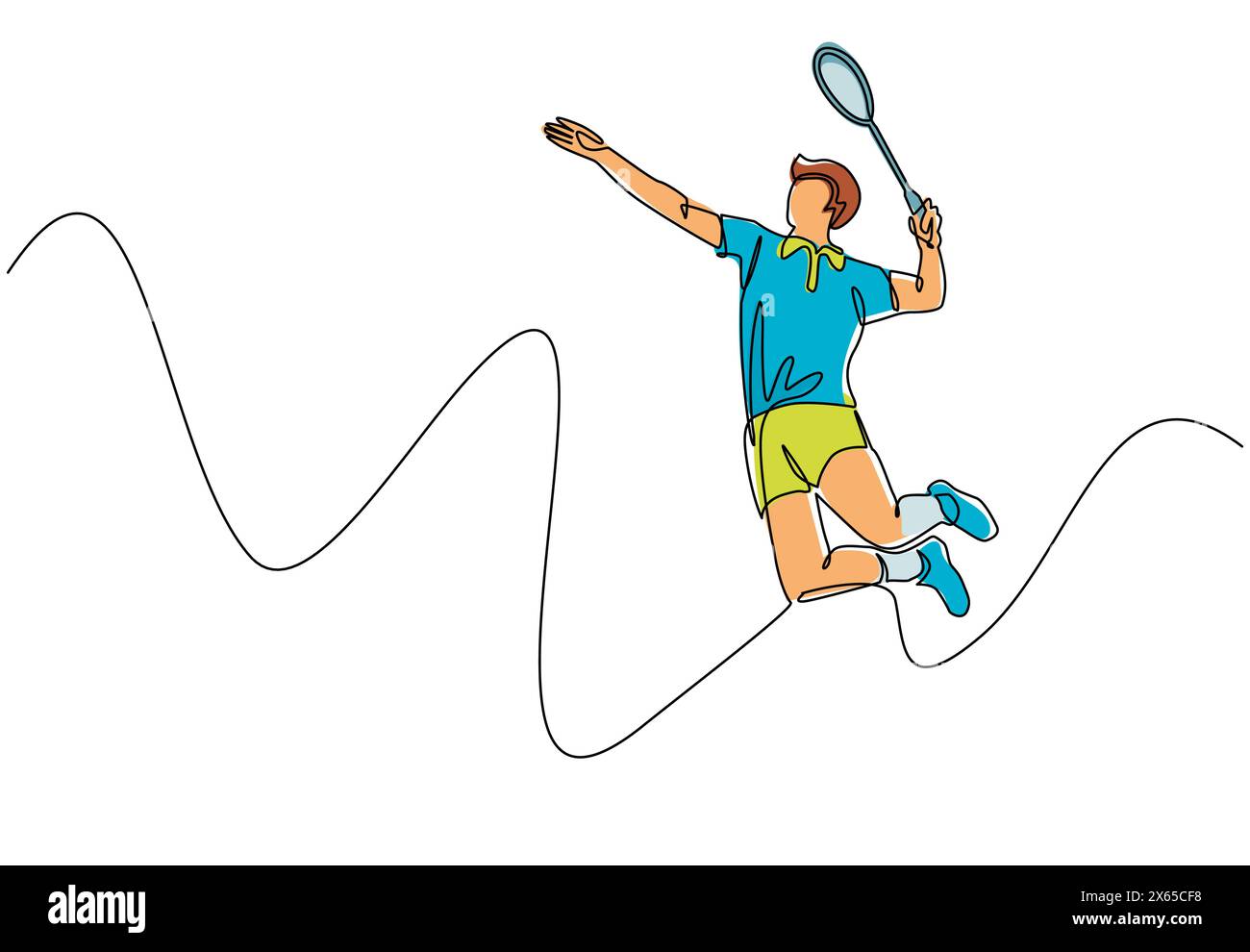 Single continuous line drawing young agile man badminton player jump ...