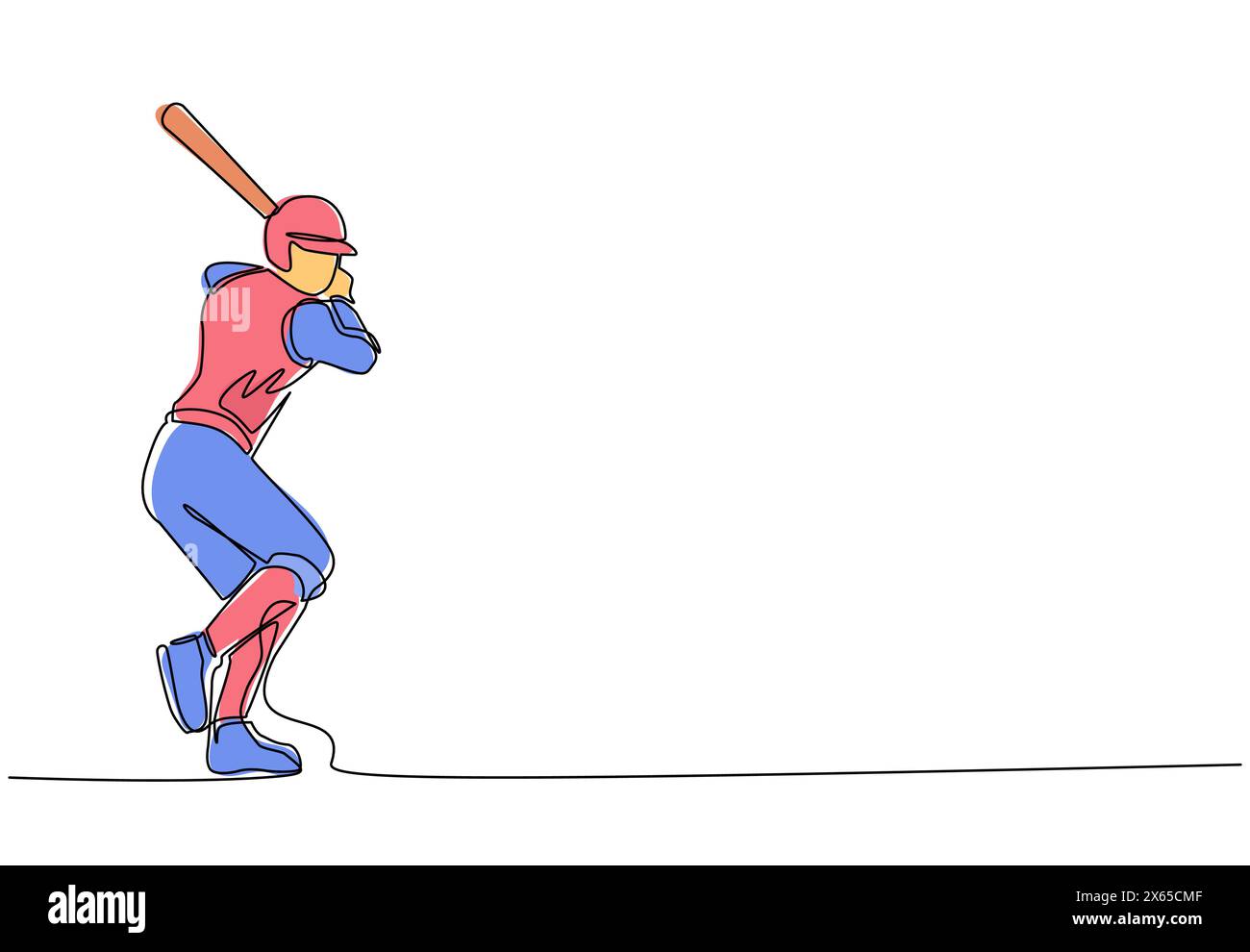 Continuous one line drawing young agile man baseball player ready to ...