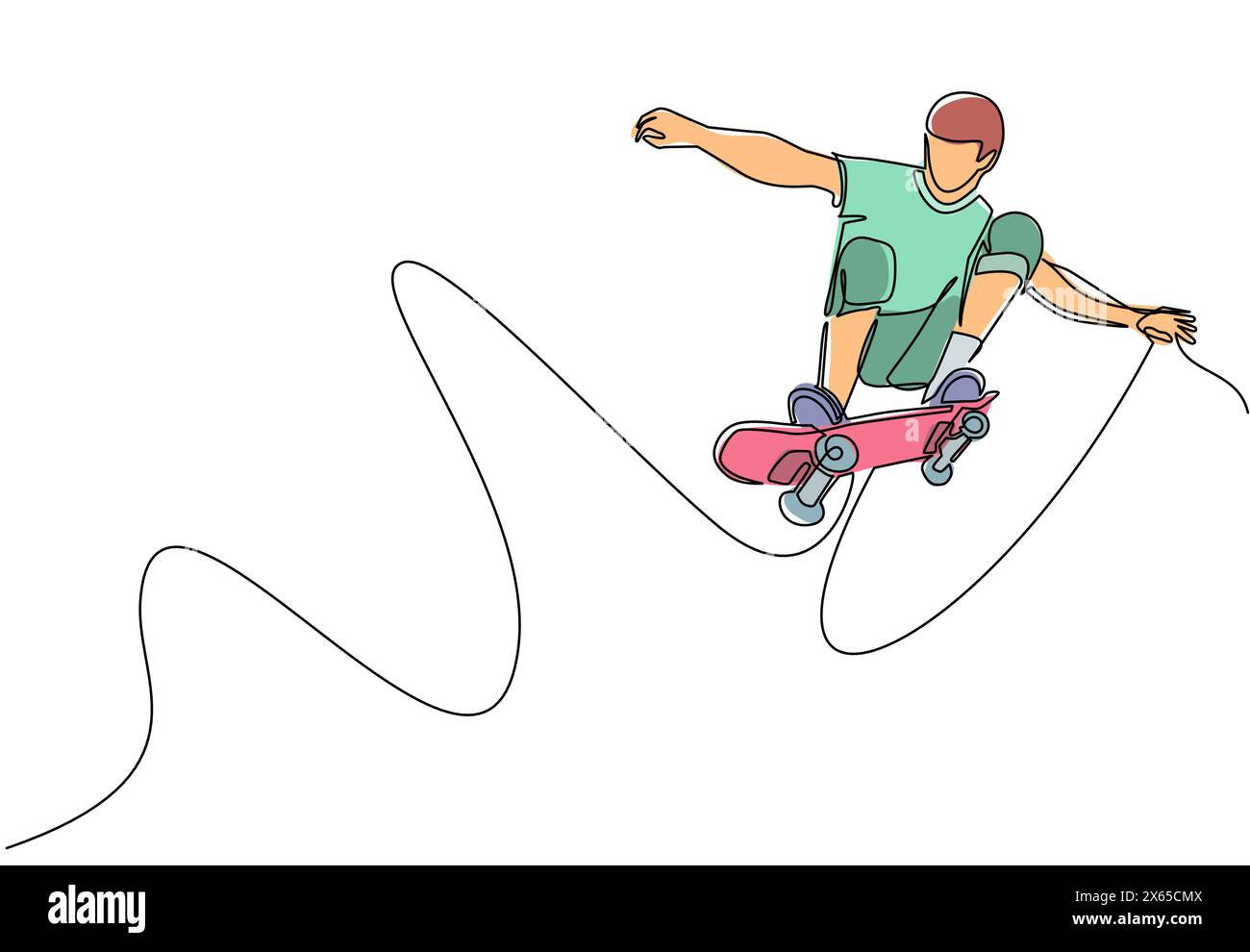 Single one line drawing young cool skateboarder man riding skateboard ...