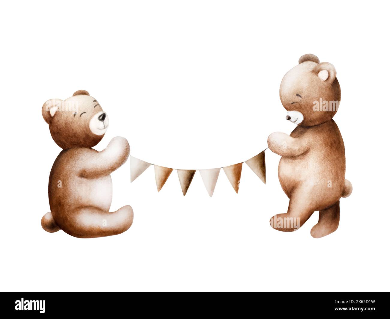 Cartoon teddy bears with birthday garland of brown and beige flags ...