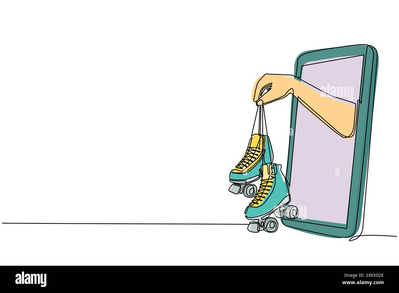 Single continuous line drawing player hand holds roller skates through ...