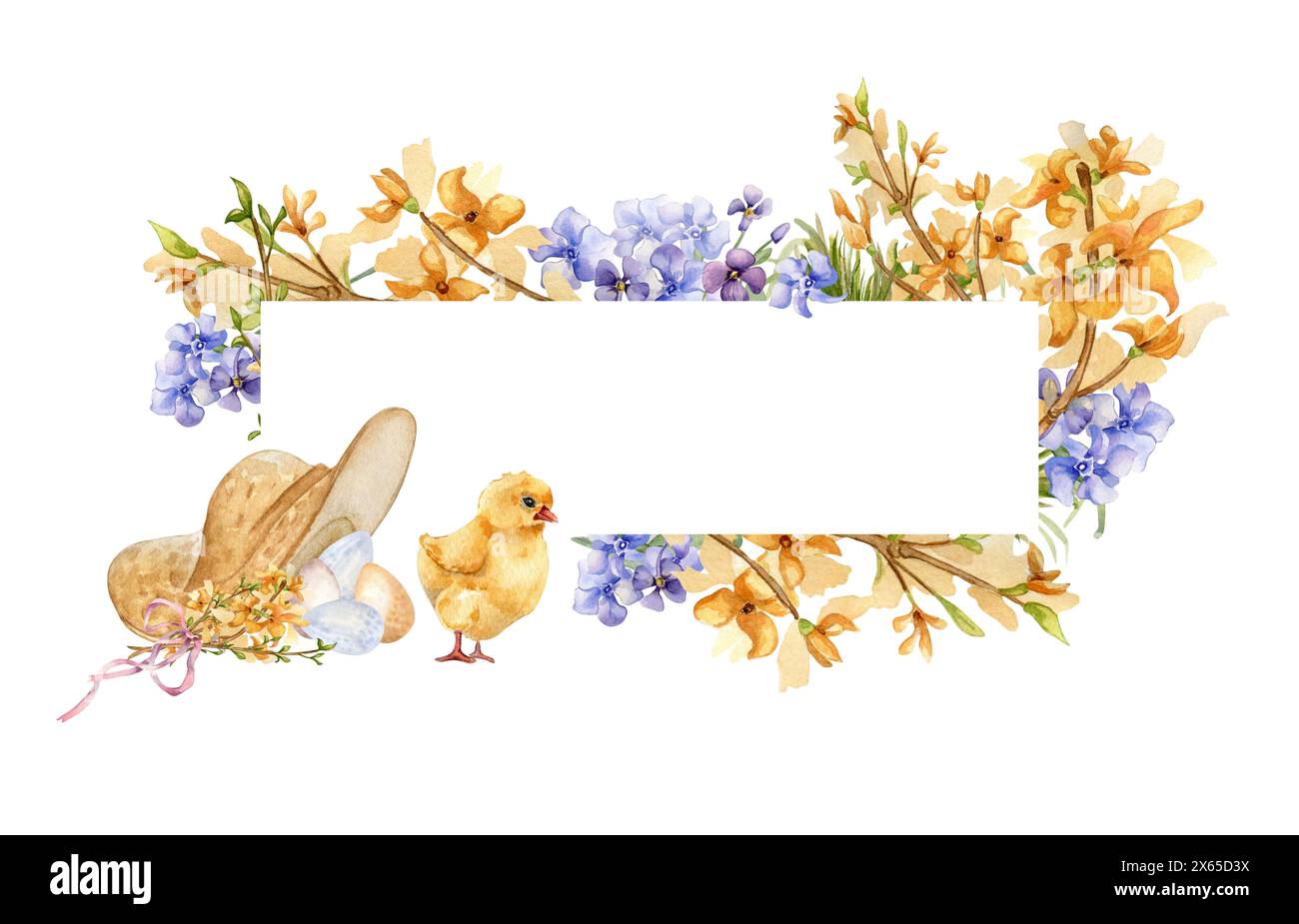 Easter frame with chick and flowers hand drawn. Yellow blossom branches ...