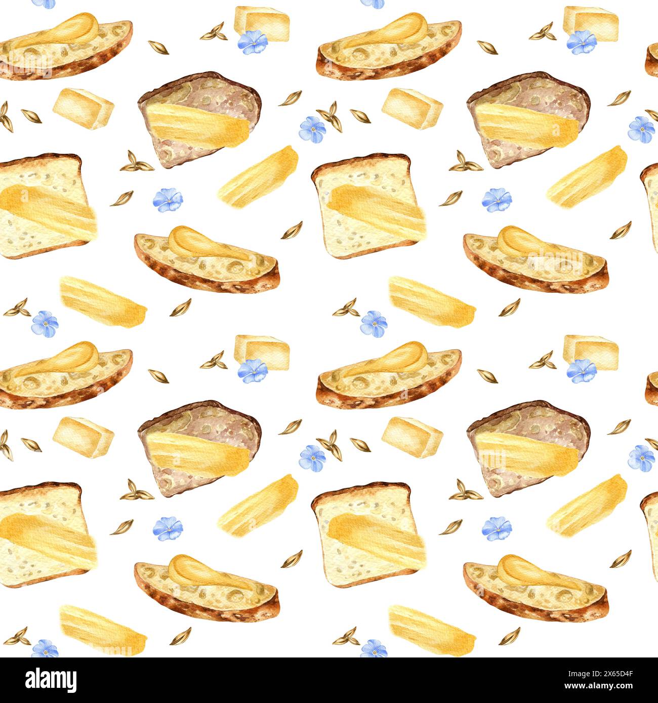 Assorted slices of bread and butter in watercolor seamless pattern ...