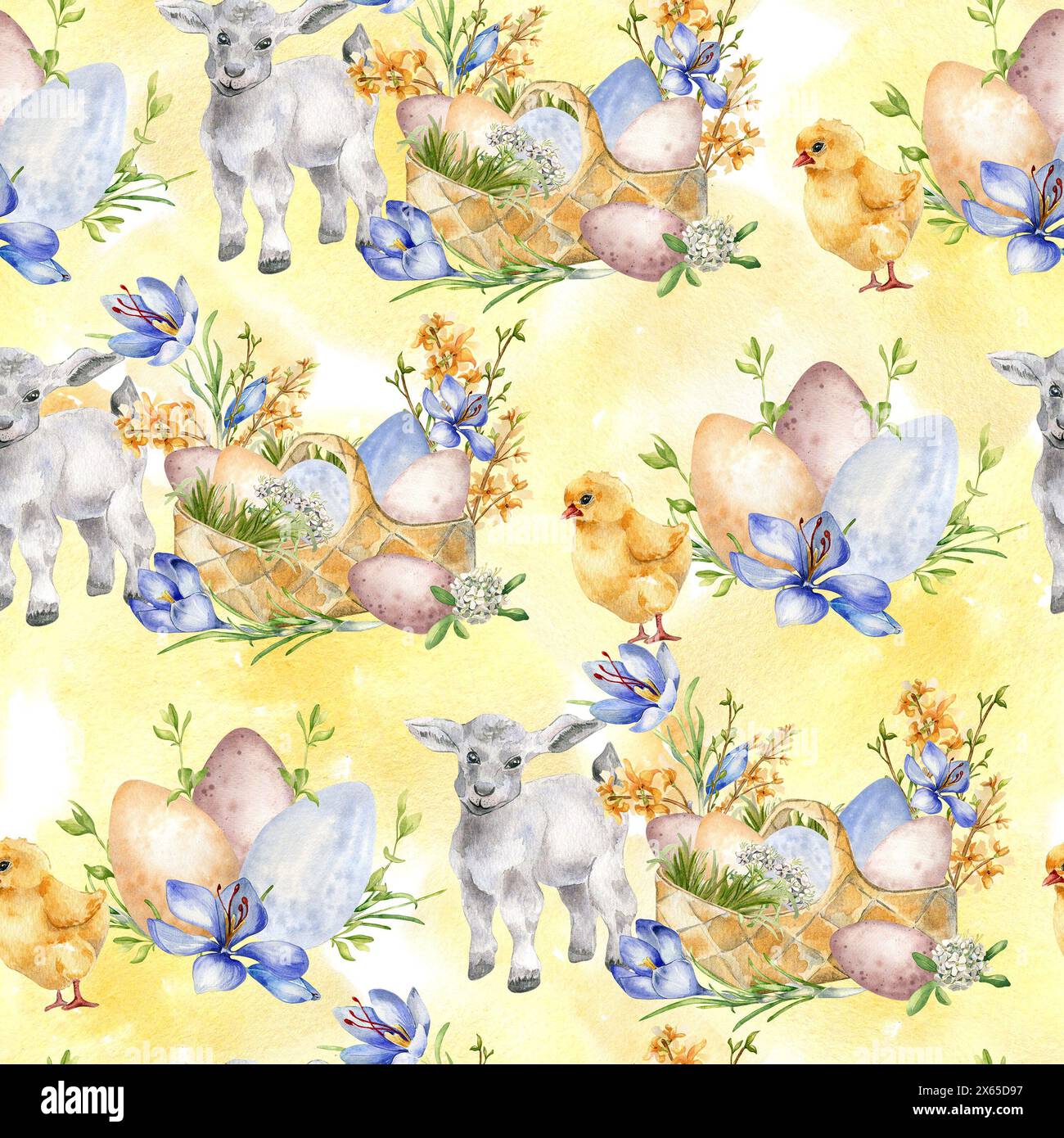 Easter floral seamless pattern with lamb and chick. Easter eggs in ...