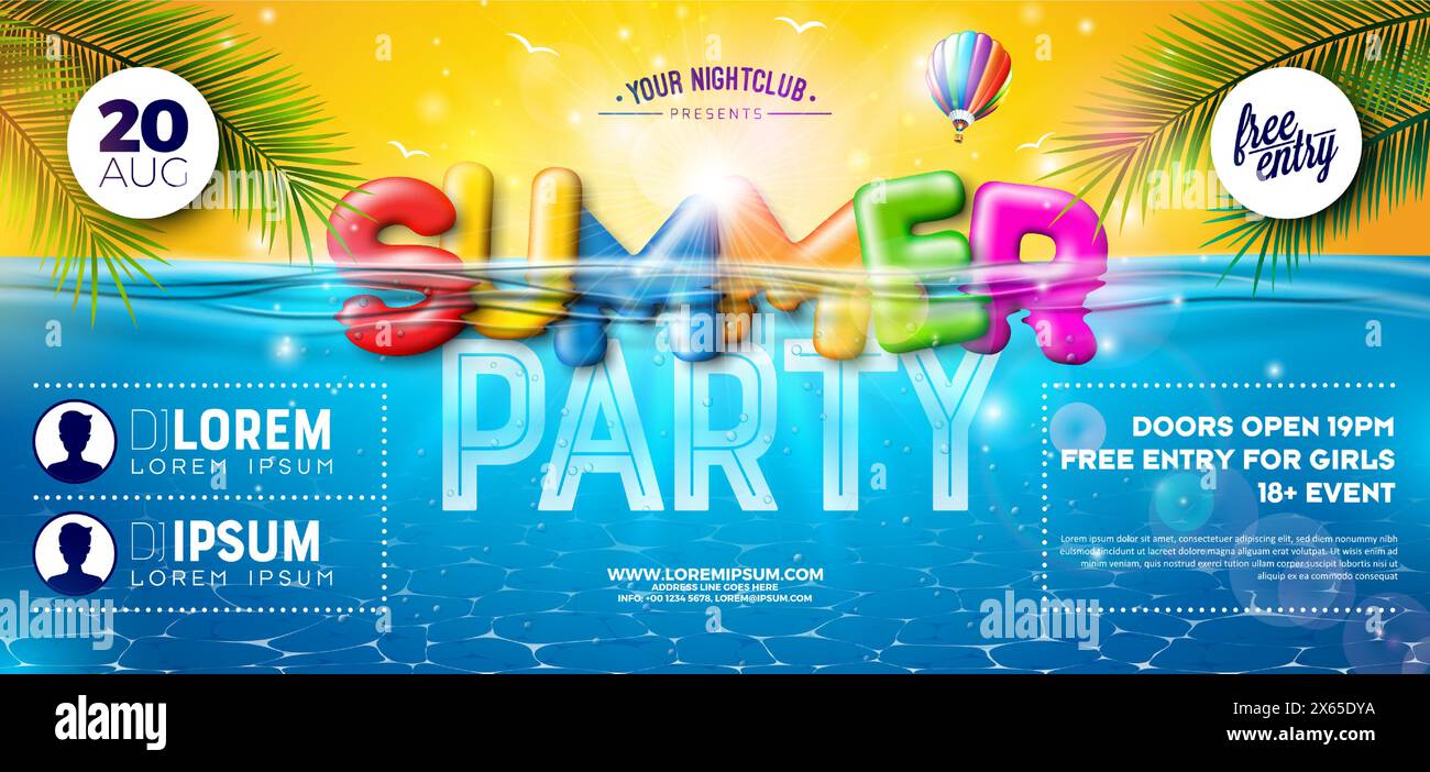 Summer Beach Party Banner Flyer Design with 3d Colorful Text Label and ...