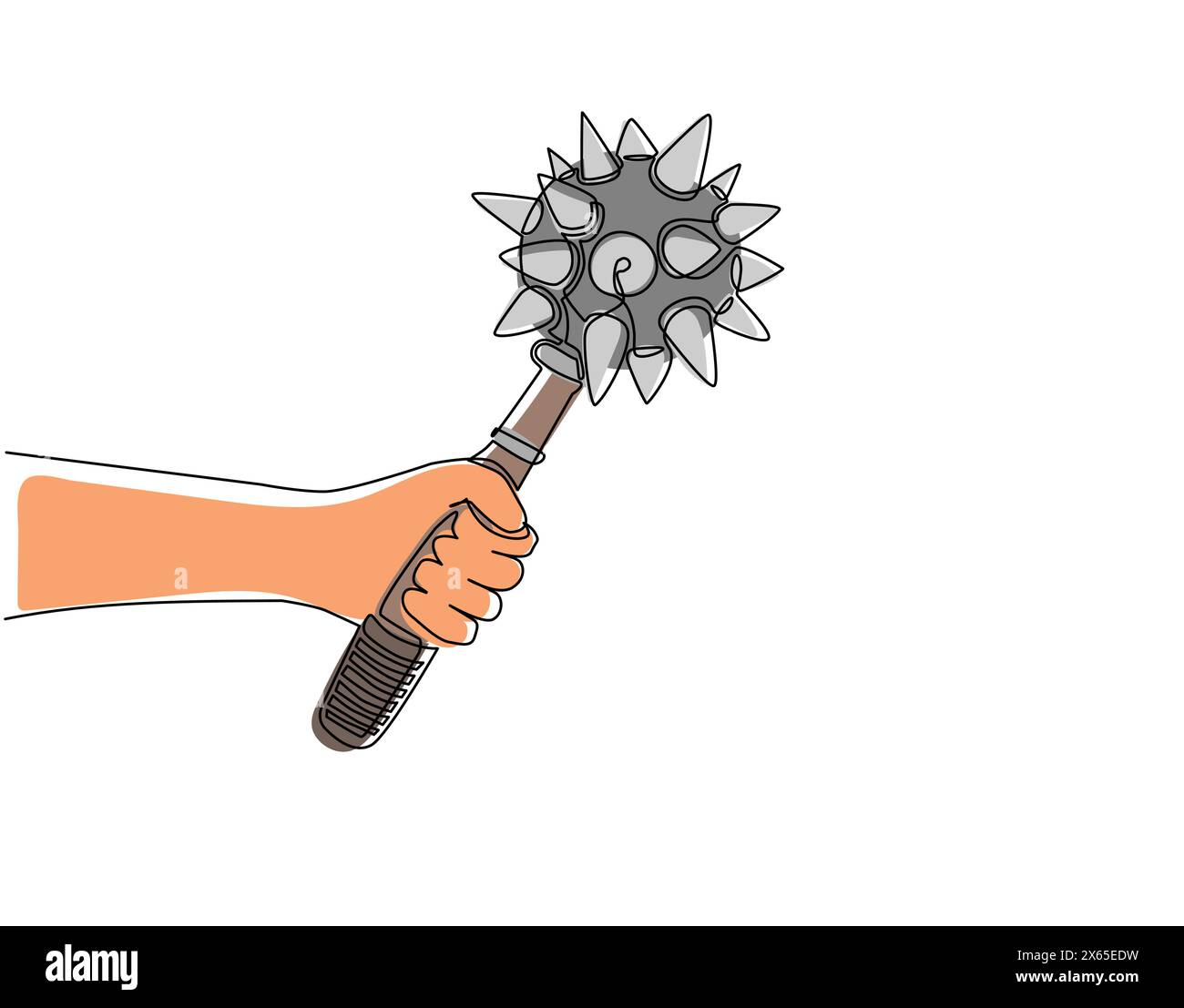 Single continuous line drawing hand holding mace weapon medieval ...