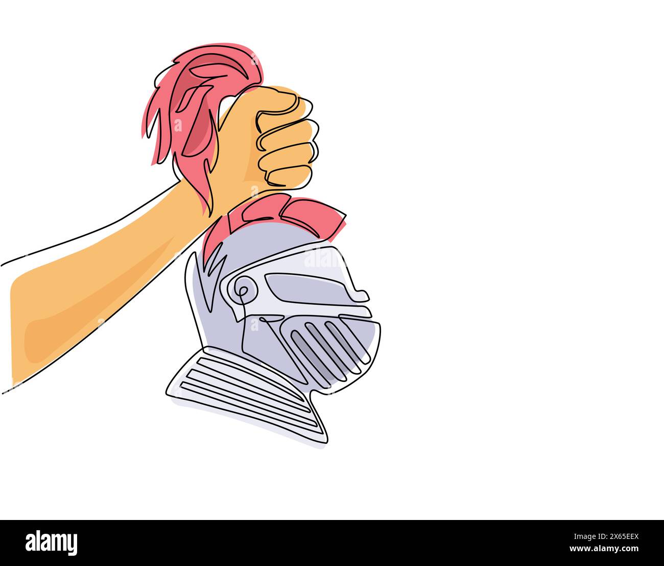 Continuous one line drawing hand holding spartan warrior knight helmet ...