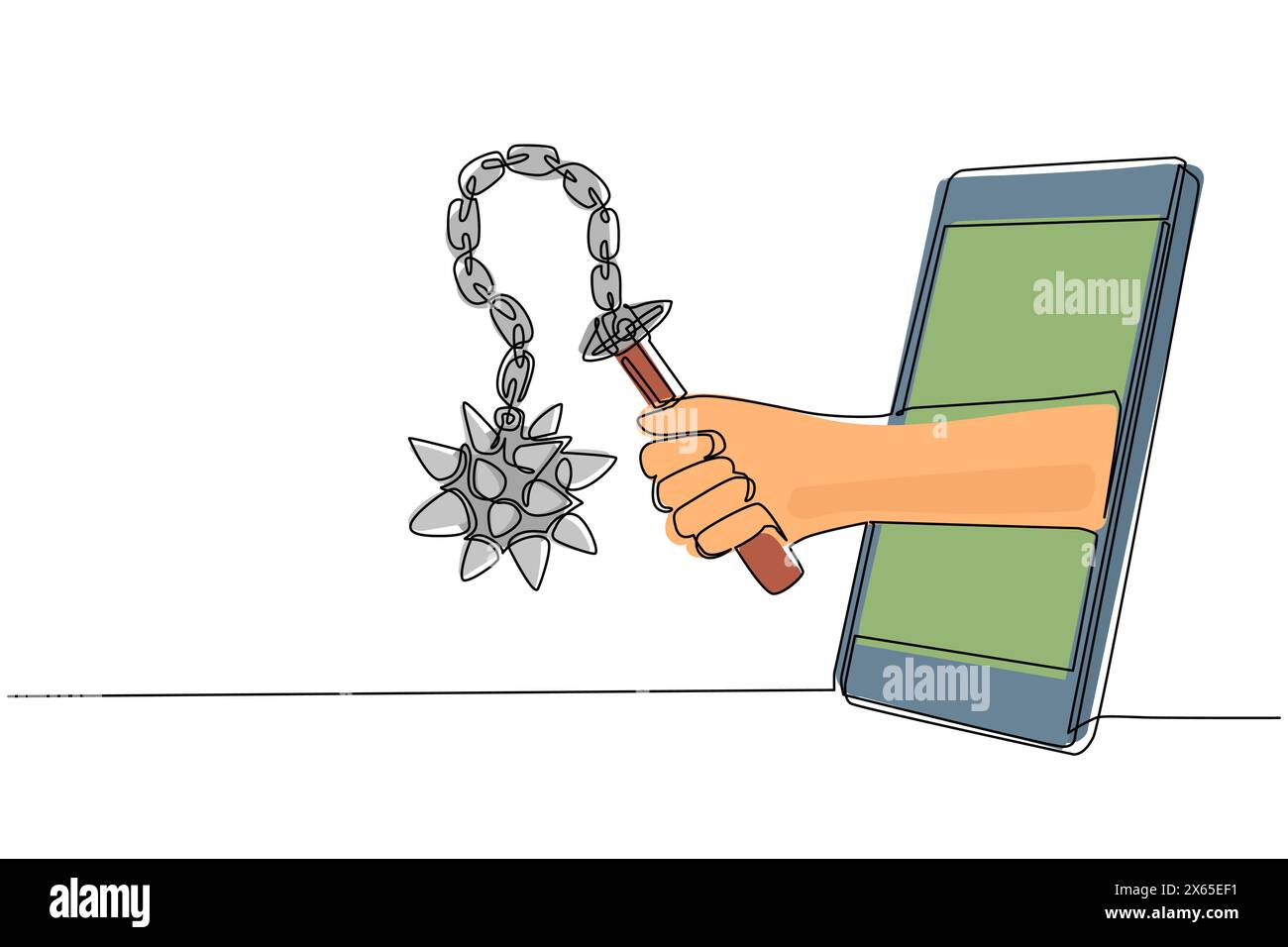 Single continuous line drawing hand holding flail with spiked ball ...