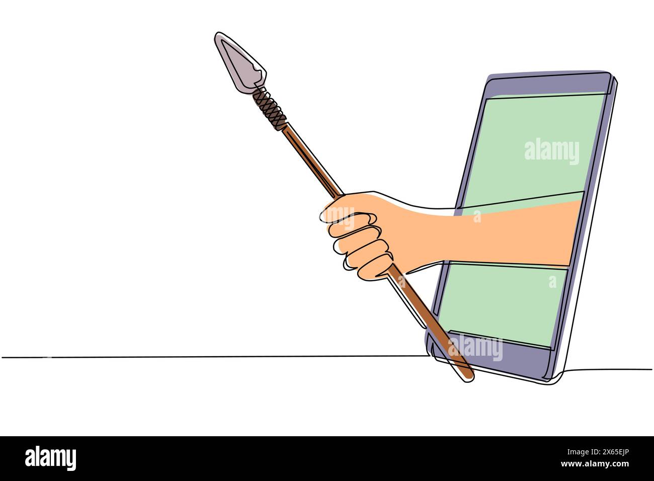 Single one line drawing hand holding ancient stone age spear through ...