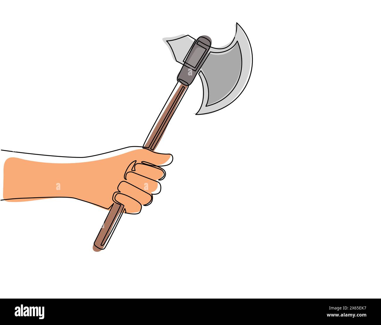 Continuous one line drawing hand holding battle axe with handle. Broad axe, executioner axe ...