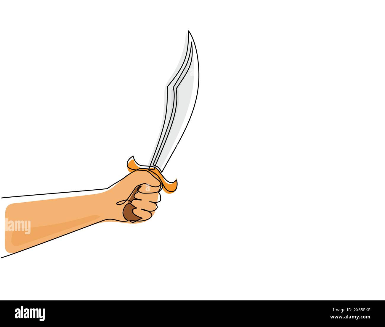 Single continuous line drawing man hand hold machete. Hatchet knife ...