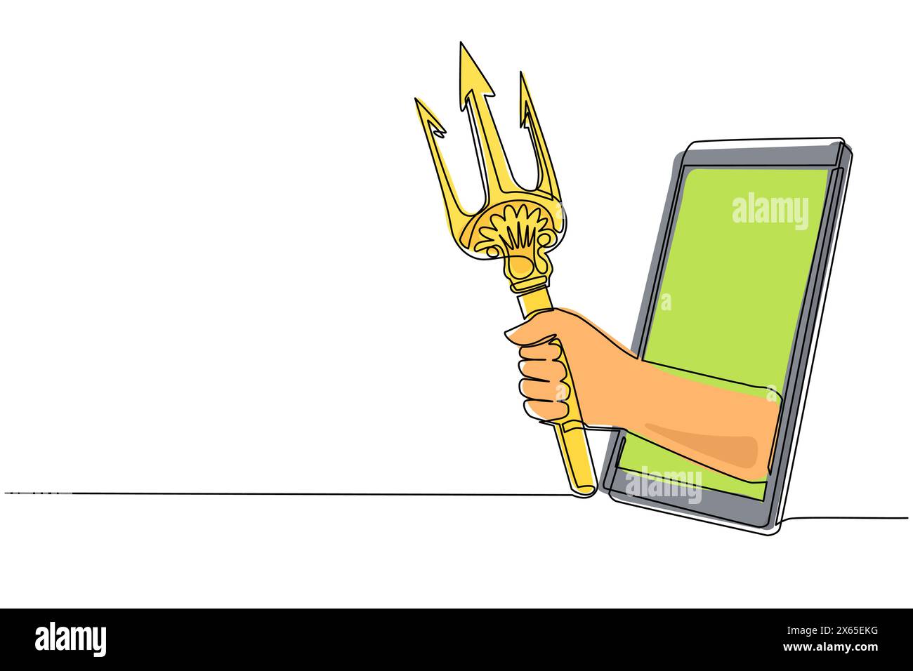 Single continuous line drawing hand holding trident through mobile ...