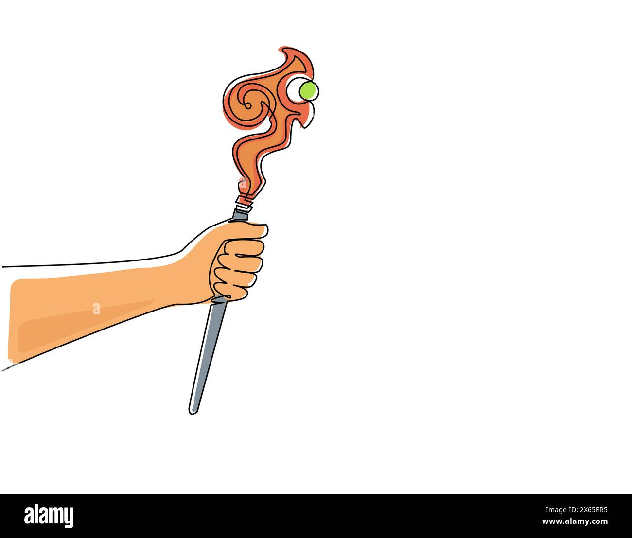 Single one line drawing hand holding wizards wooden staff. Bending ...