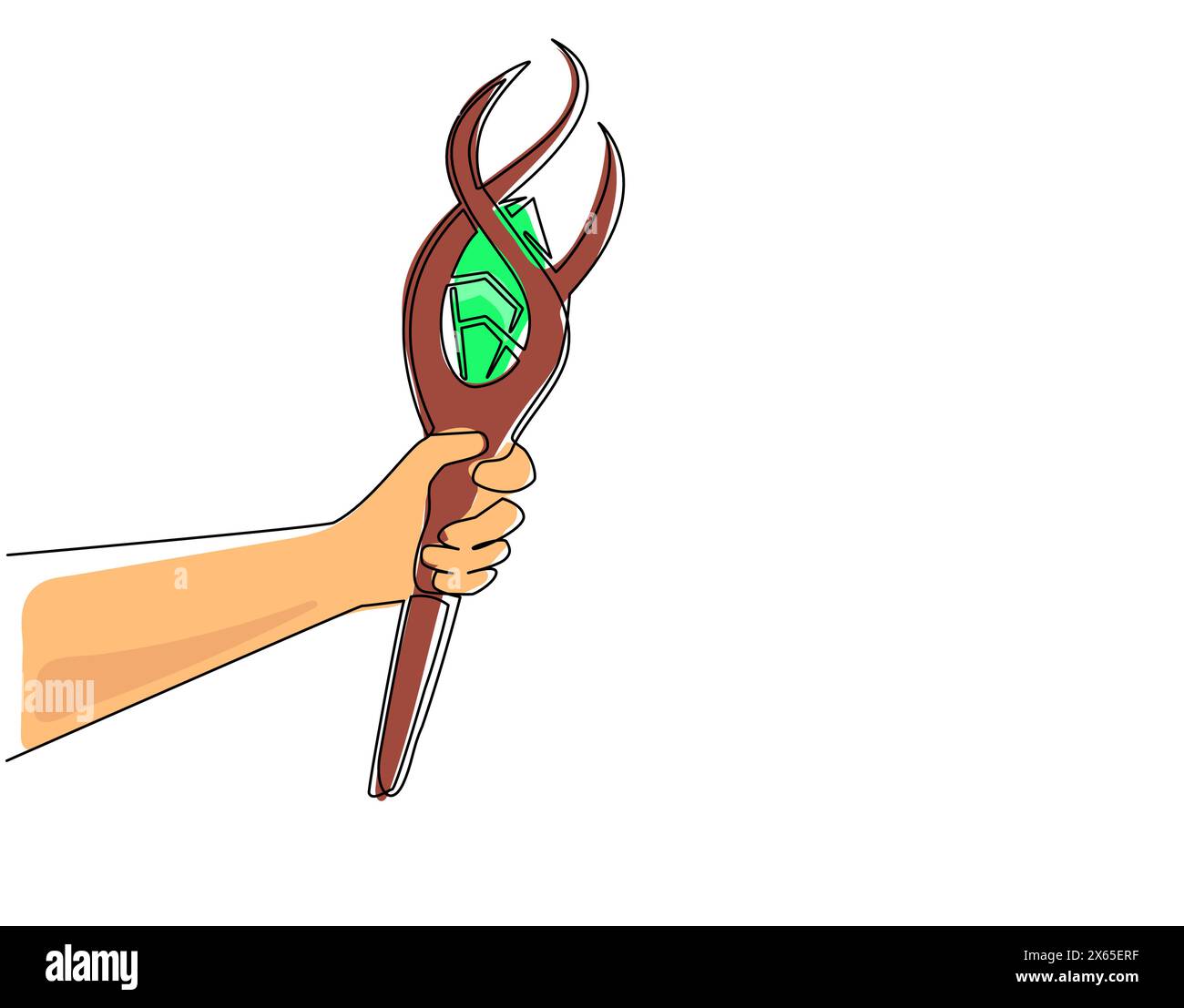 Single continuous line drawing hand holding magic staff of wizard, mage ...