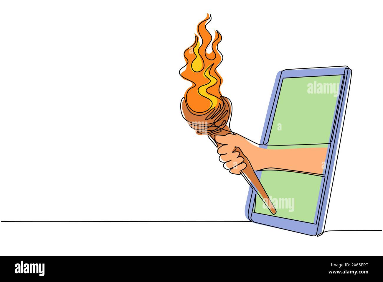 Single one line drawing hand holding prehistoric torch through mobile ...