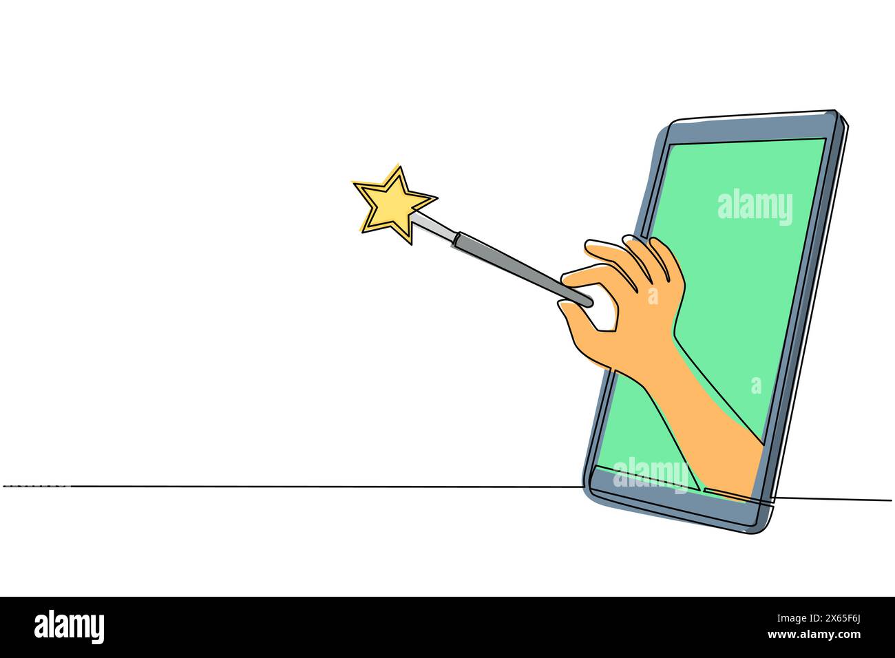 Continuous one line drawing hand holding magic wand through mobile ...