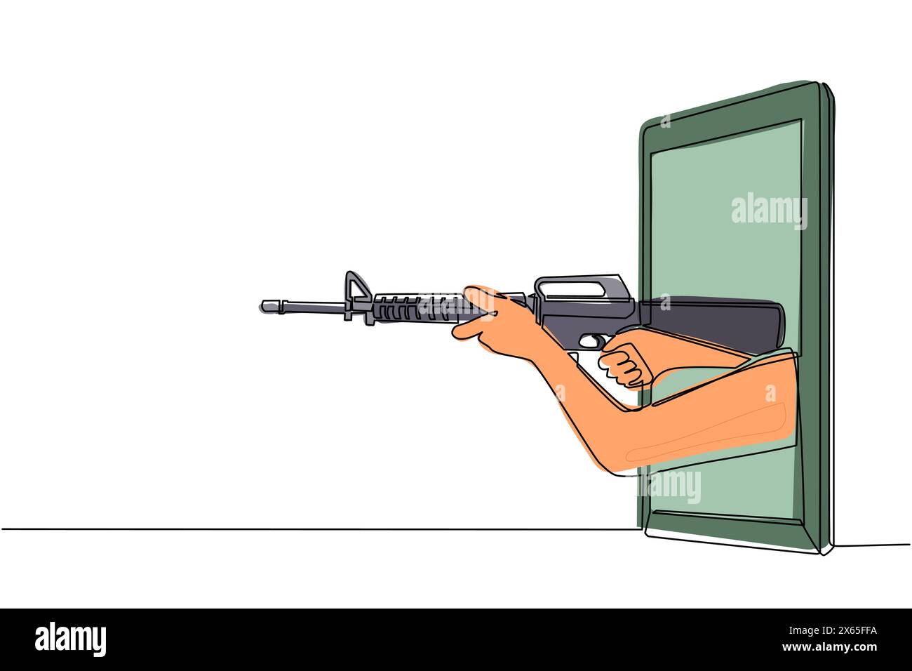 Single one line drawing hand holding M-16 assault rifle through mobile ...